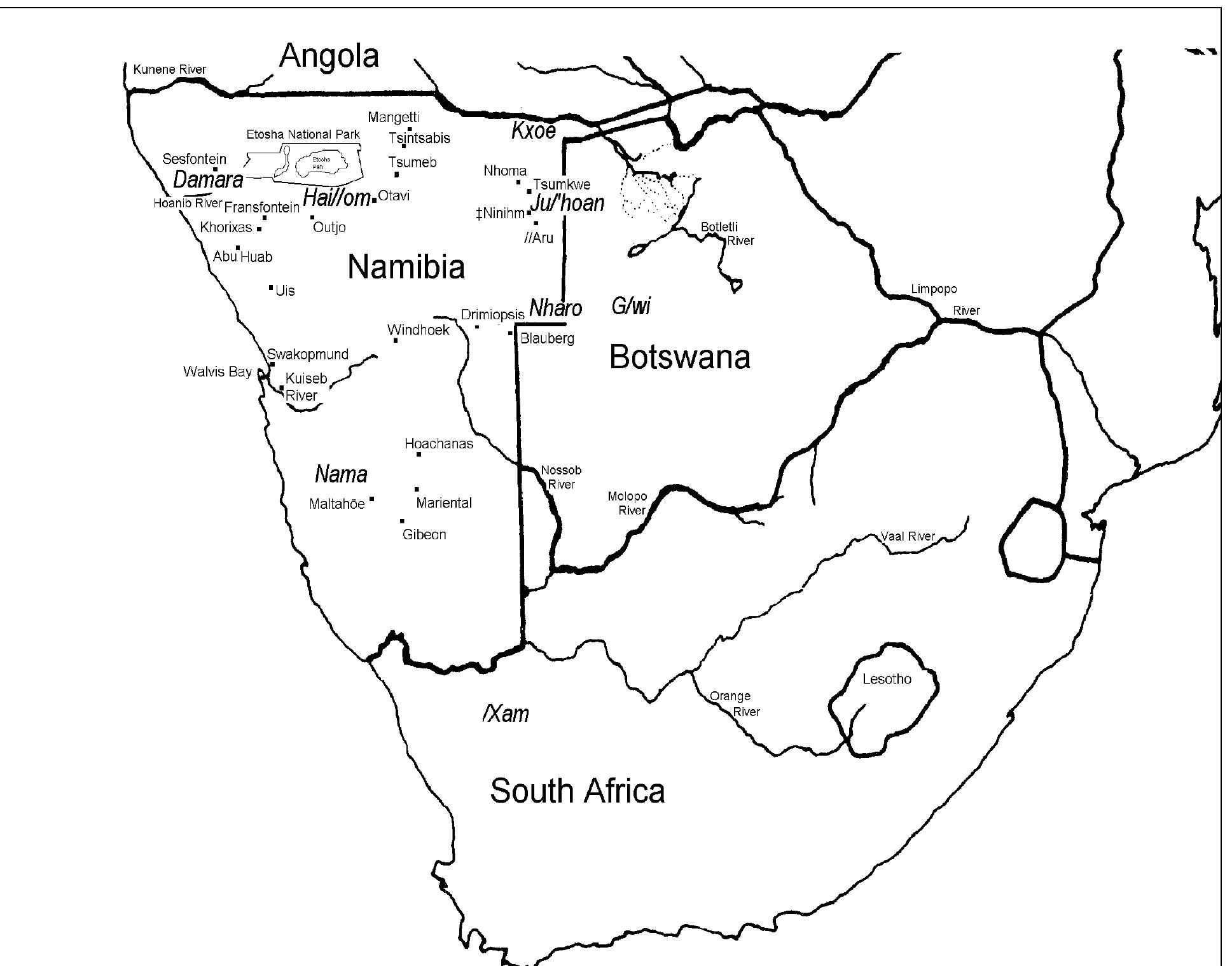 Map of southern africa showing principal namibian research