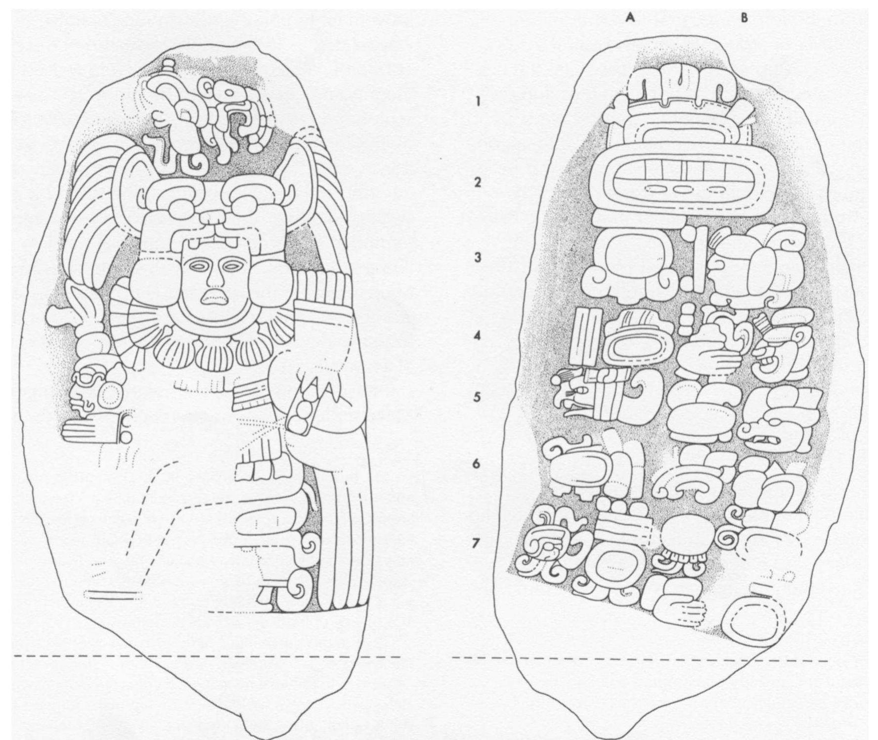 Tikal stela 4, line drawing, front (a) and back (b). drawing