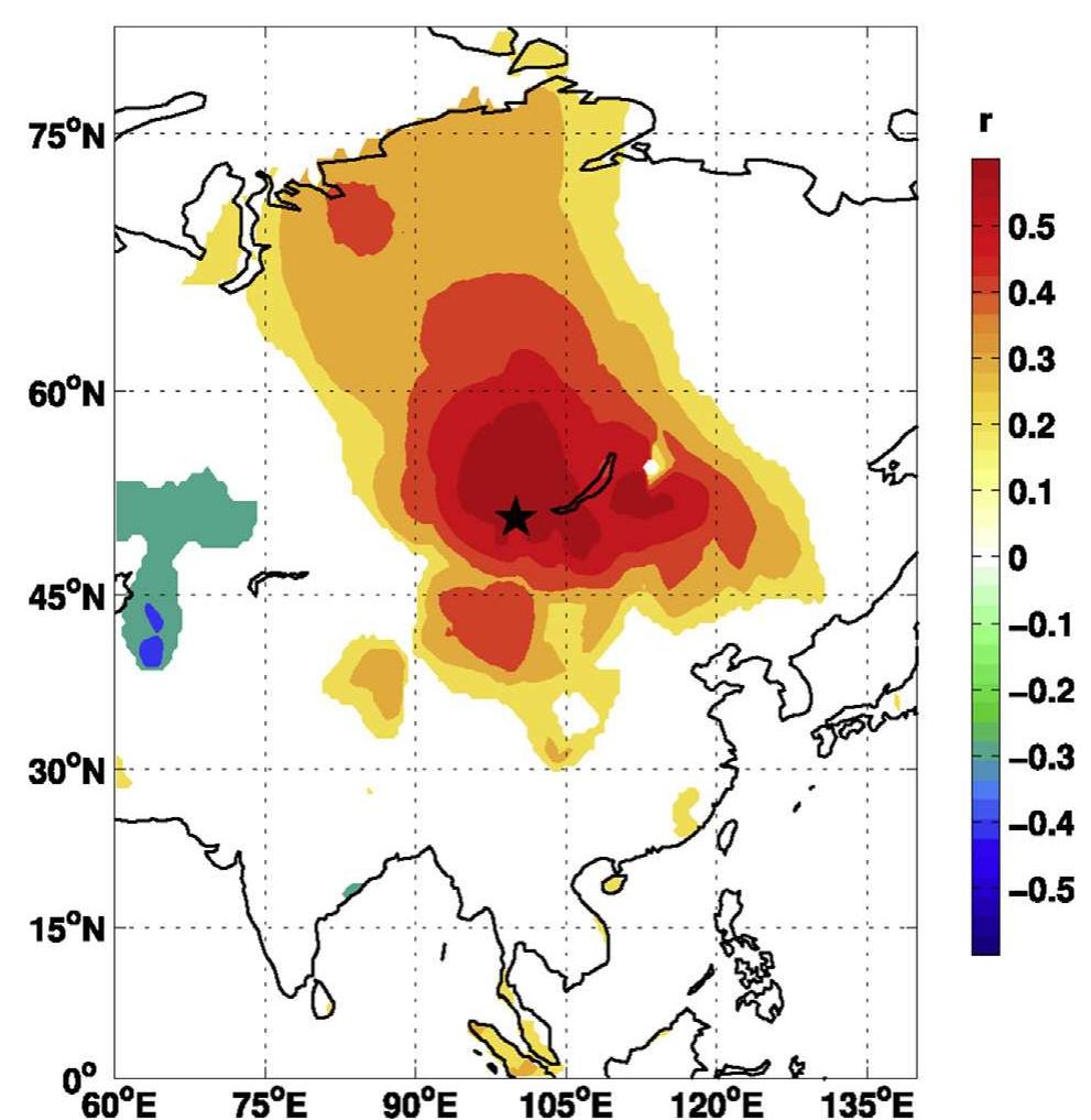 Spatial correlation map of the ozn chronology with cruts3.10