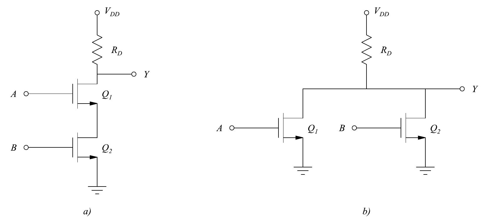 41: a) realization of nand gate using nmos and b) nor gate