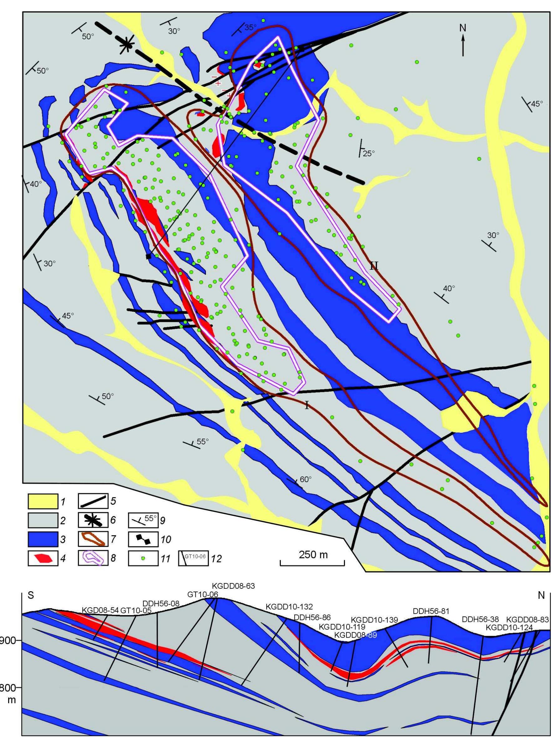 Geological sketch map and section of the karchiga deposit.