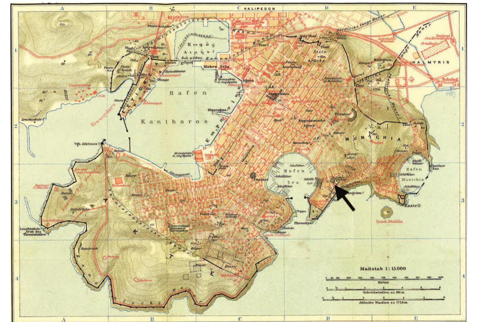 1 map of piraeus and zea asklepieion (at d3 with arrow).