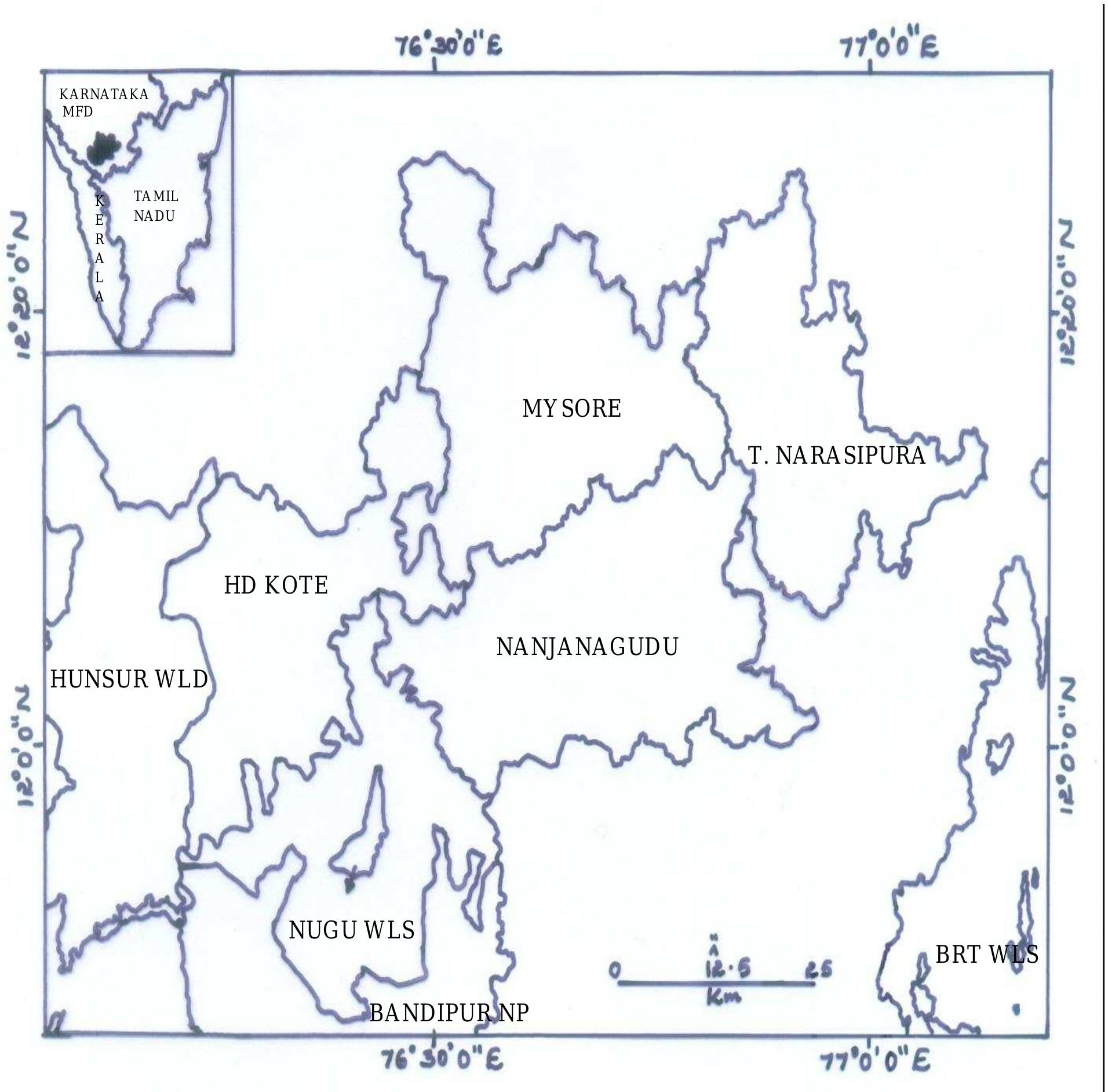 Map showing mysore forest division (mfd), forest ranges