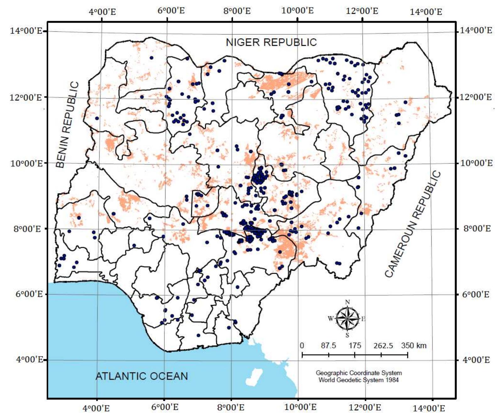 Map of nigeria showing states and fct boundaries. shaded are