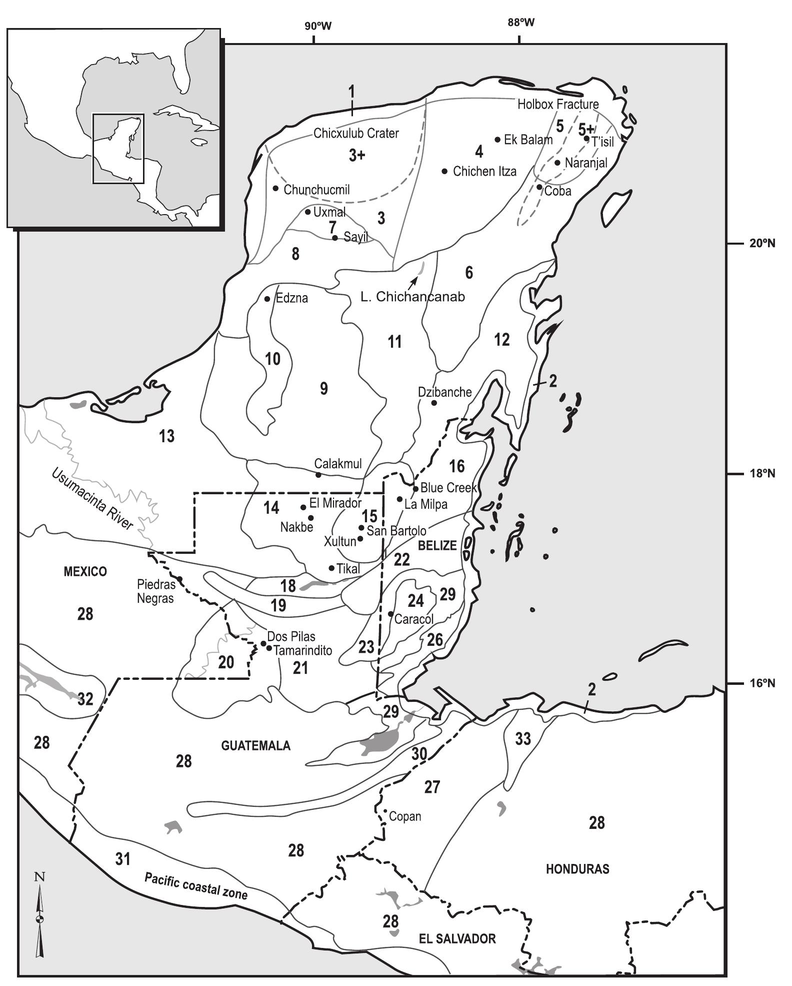 Map of the maya lowlands showing physiographic sub-regions