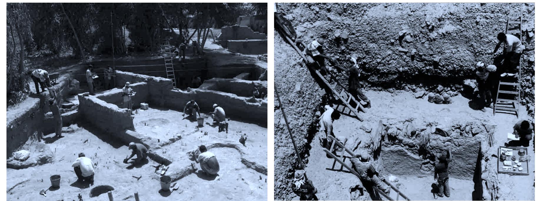 Left: excavation of settlement remains and burial at the