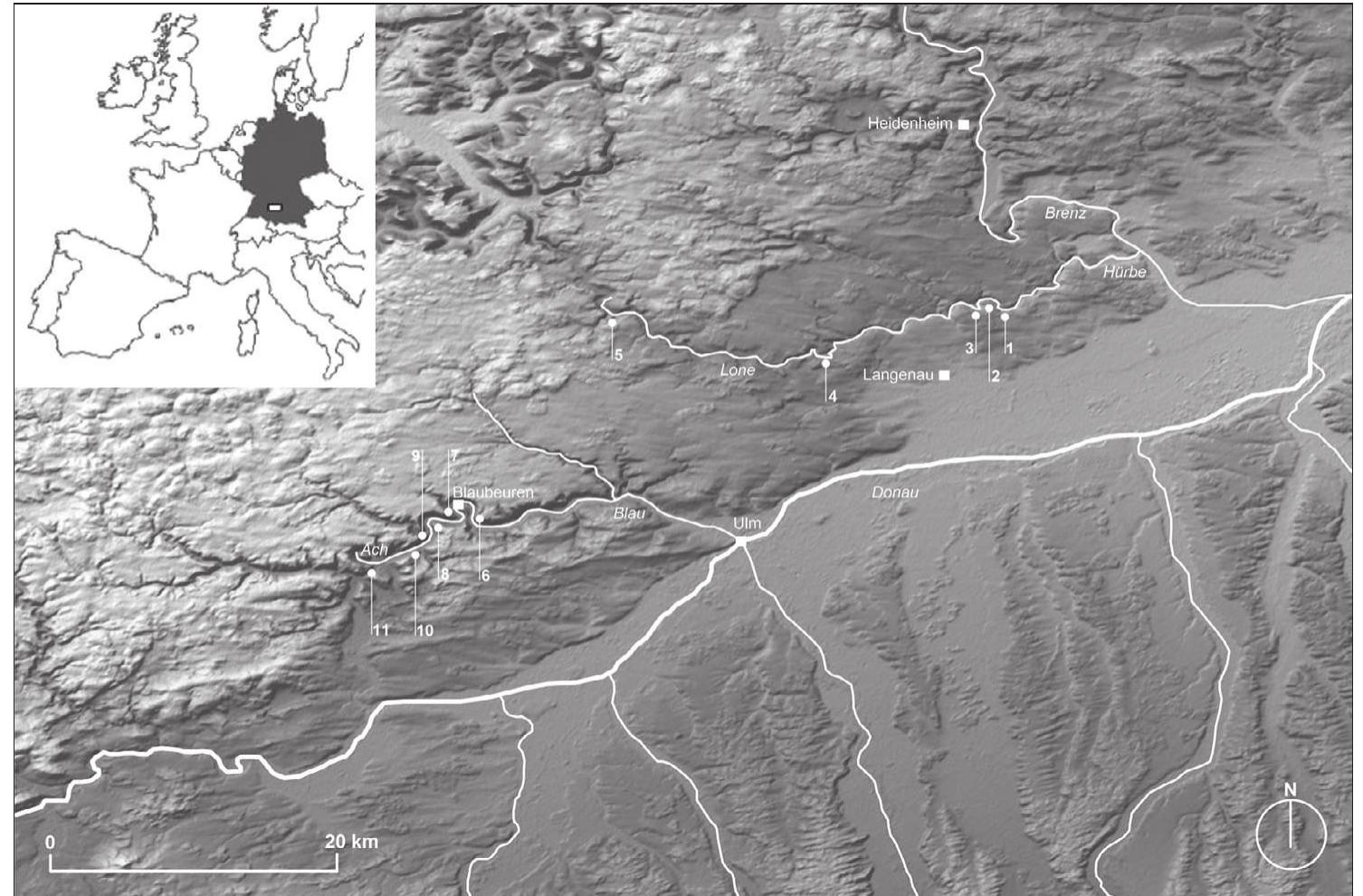 Map of the swabian jura showing the location of cave sites.