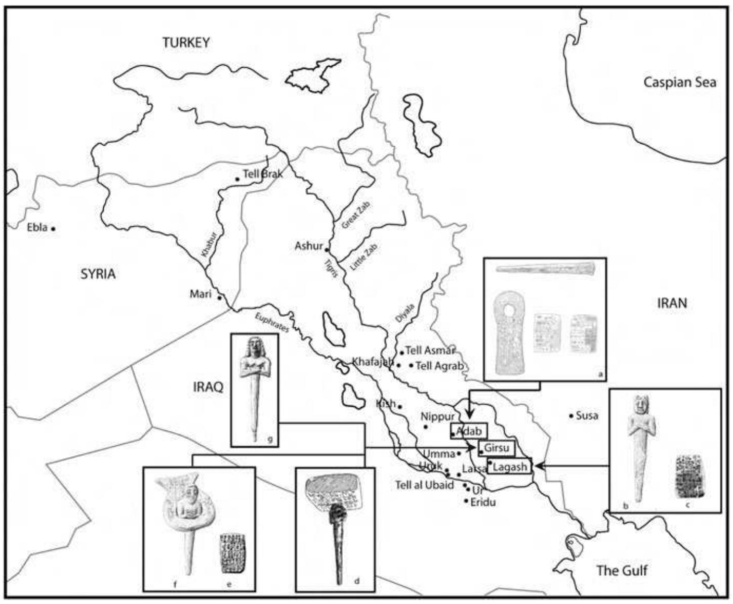 Map of mesopotamia showing sets of foundation deposits dated