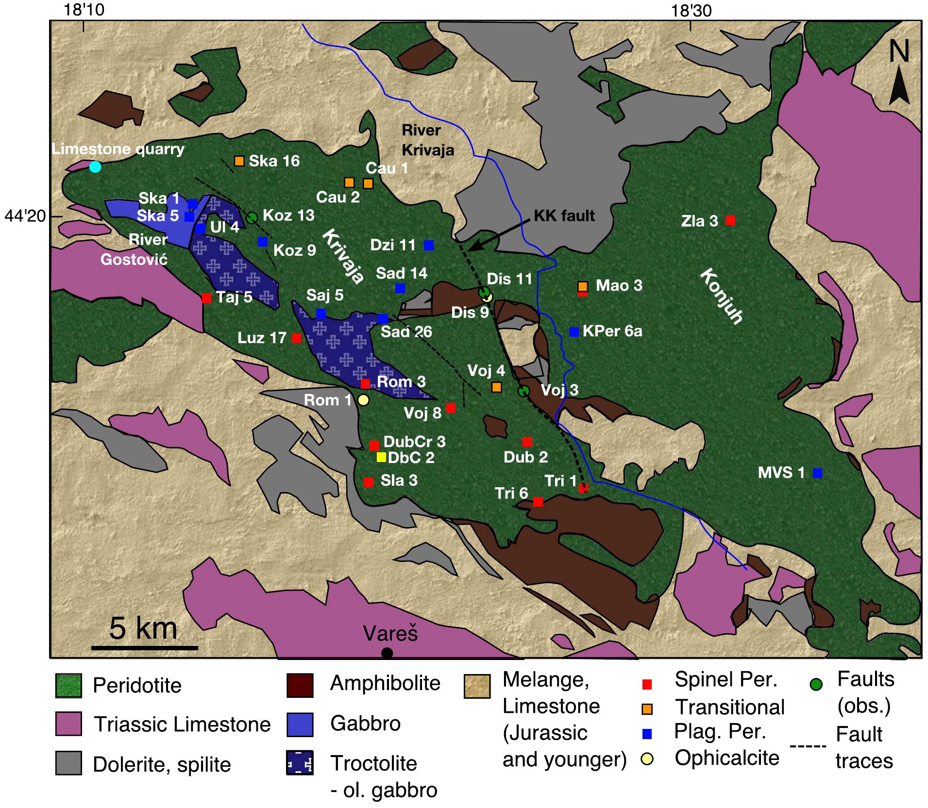 Simplified geological map of the krivaja-konjuh massif with