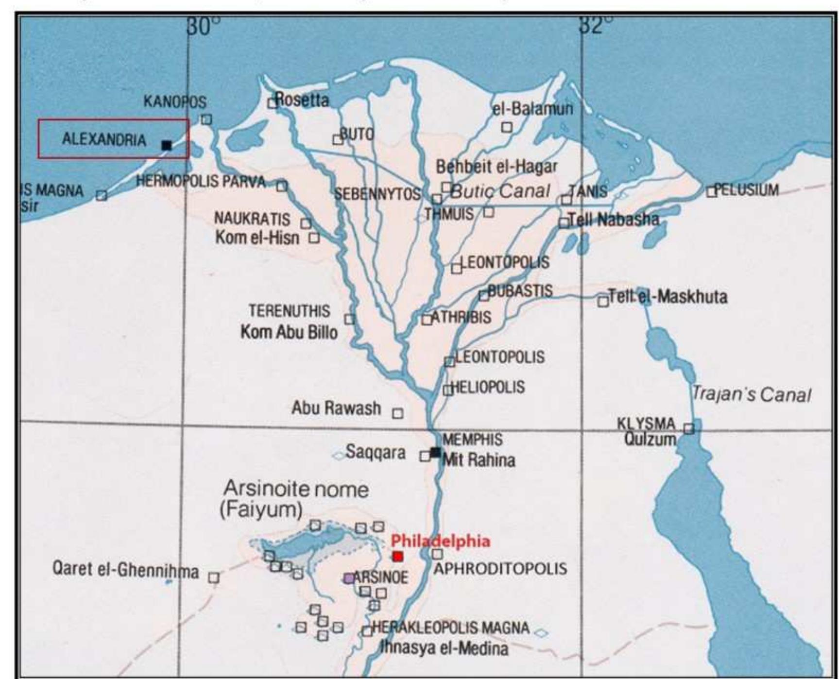 Map of egypt (216/217 ce), with locations of philadelphia,
