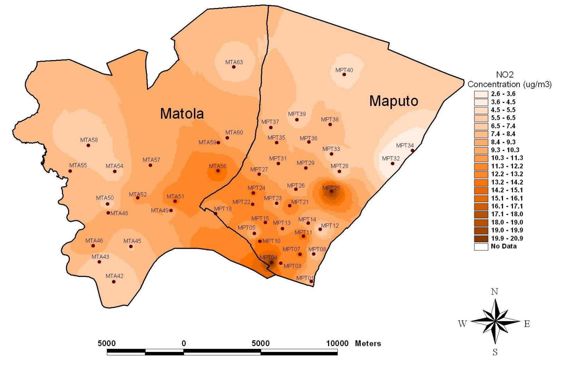 Map of ambient no, concentrations in maputo and matola,