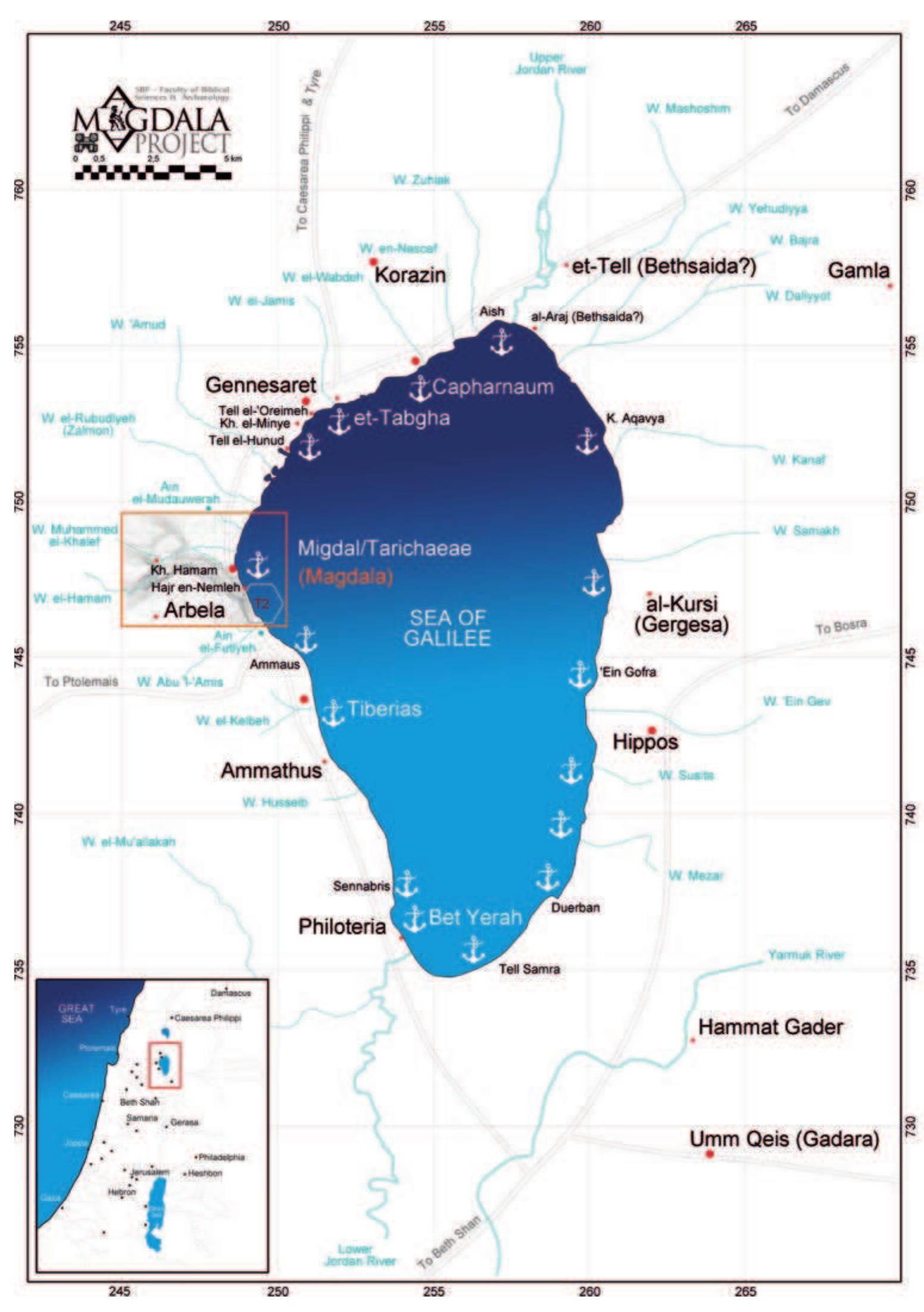 Schematic map of the sea of galilee: anchorages and coastal