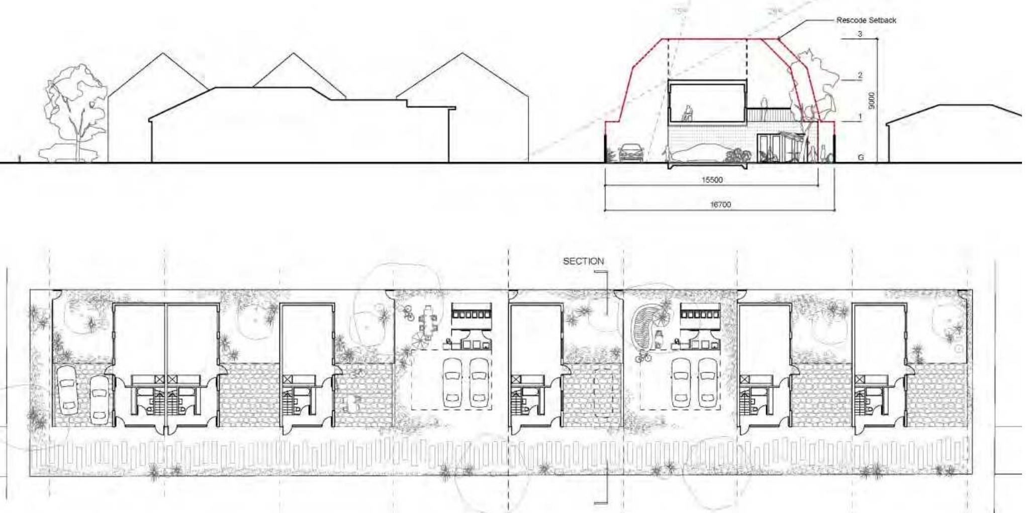 L-house type. (bottom) site plan - linear distribution