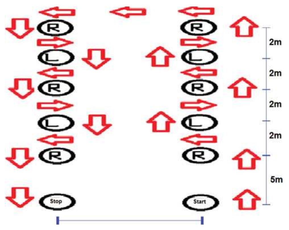 Direction travelled (l, left; r, right) during timed pylon