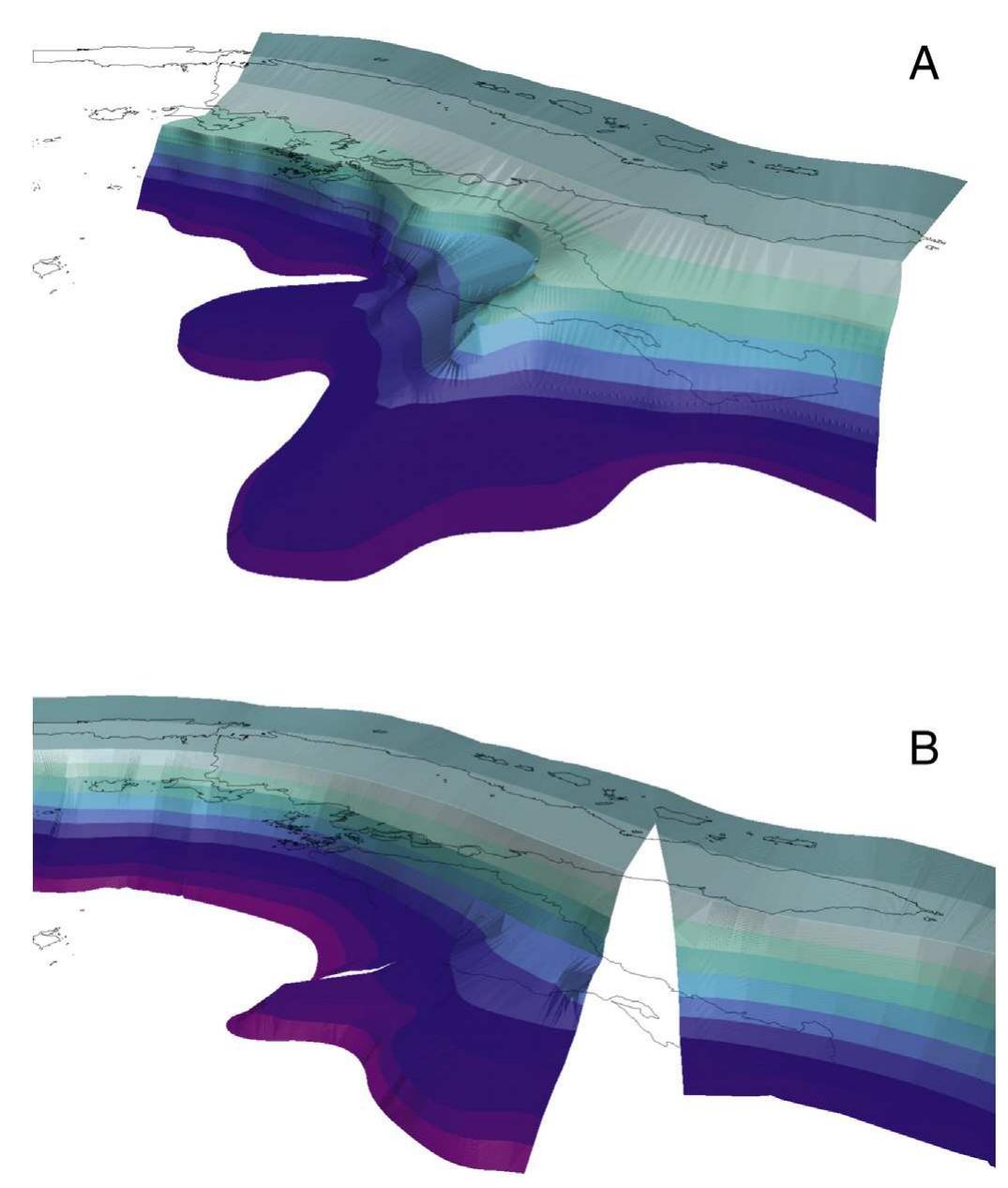 Simplified 3-d figures showing form of the subducted slab