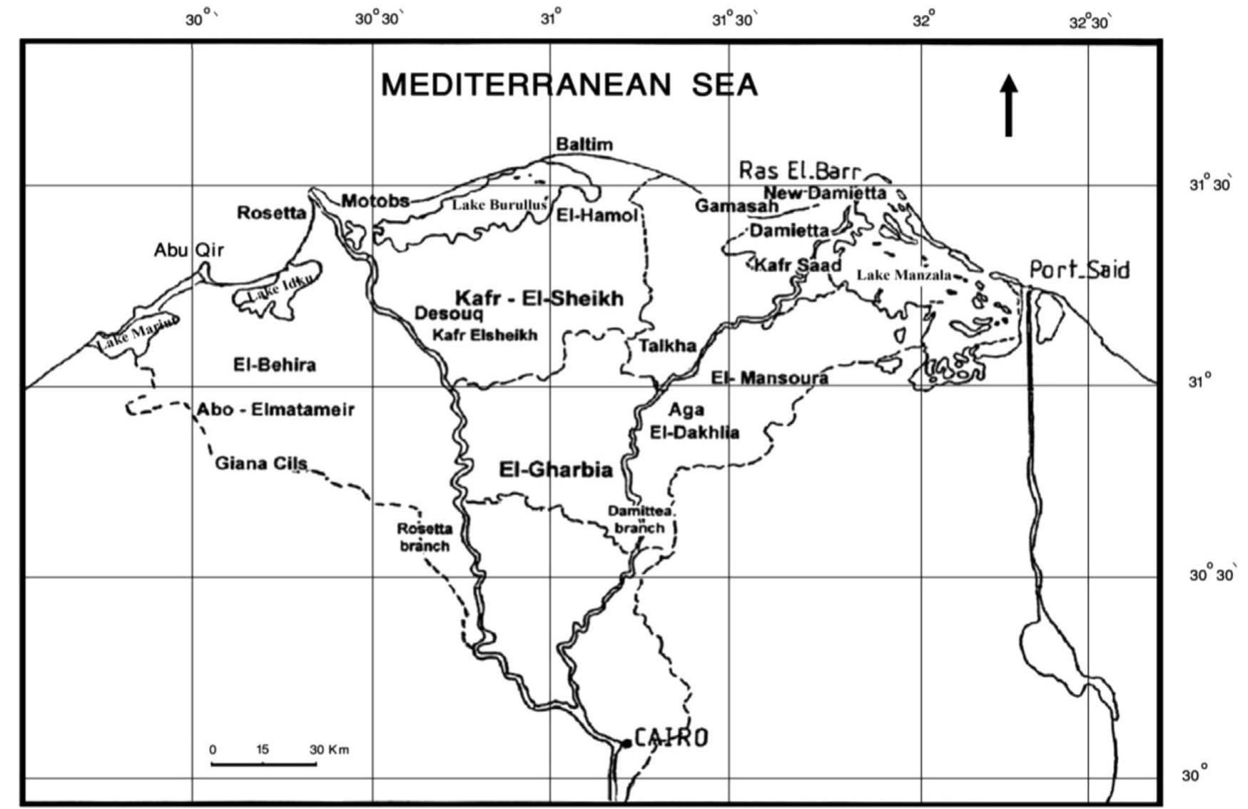 map of the nile delta showing the coastal mediterranean