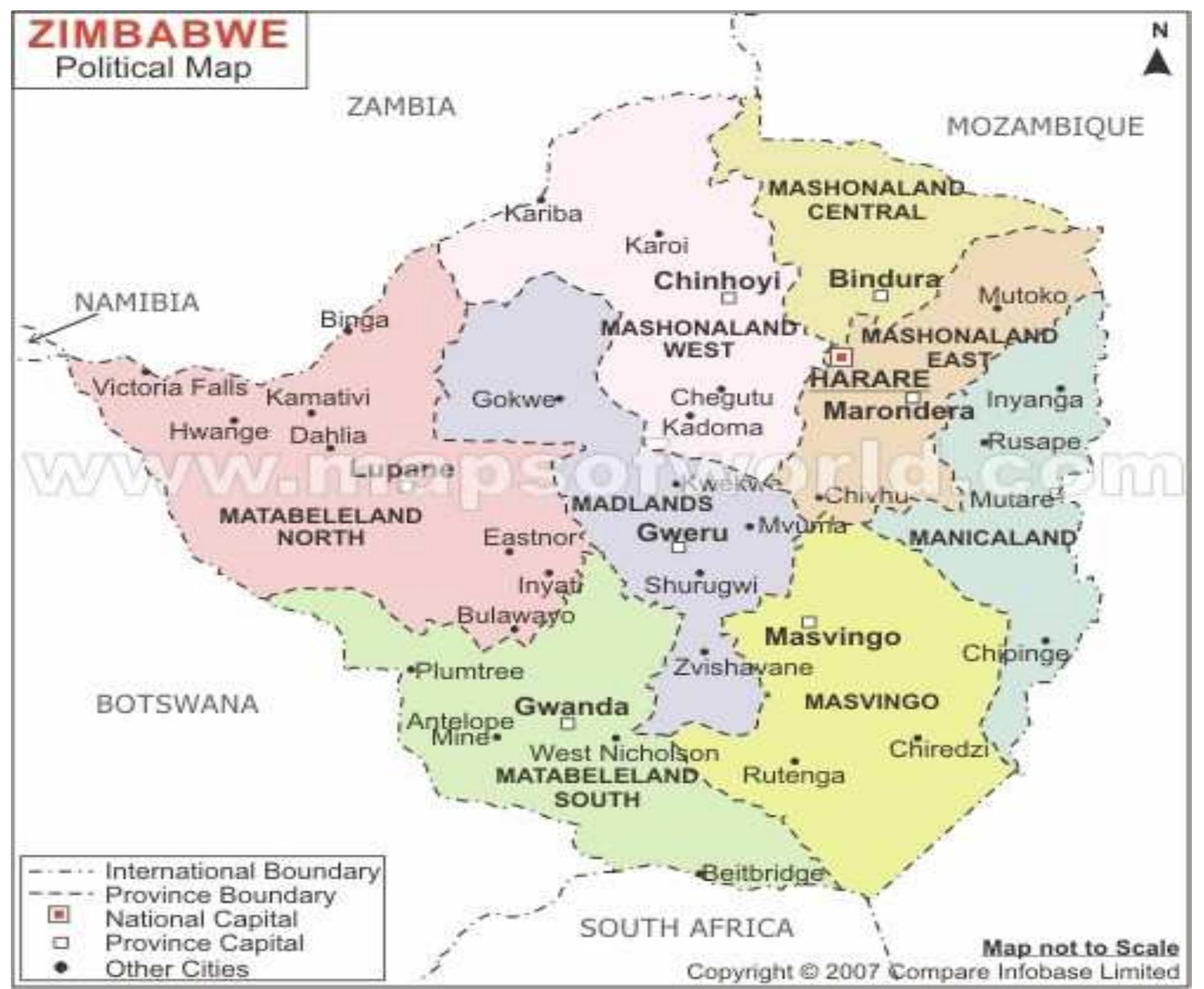 Political map of zimbabwe