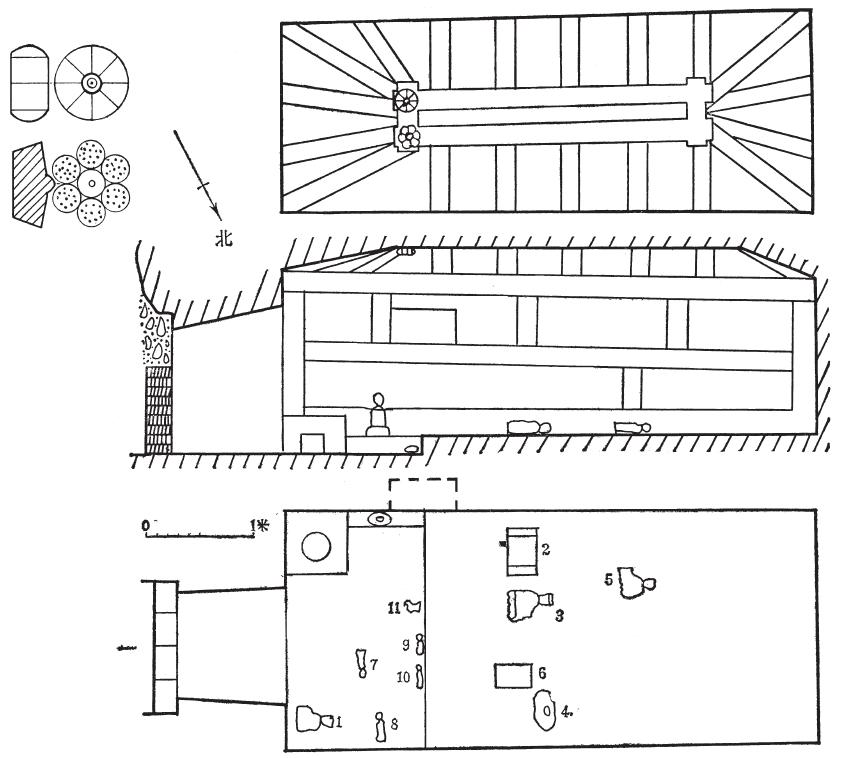 Line drawing of the plan, elevation, ceiling and details of