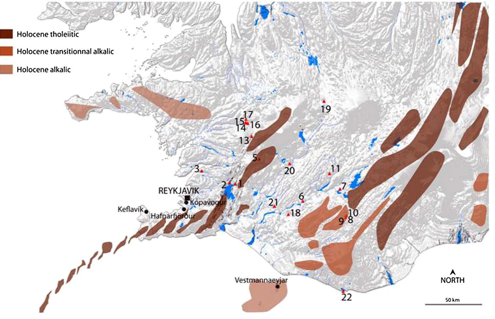 Map of iceland with volcanic zones [23] and sampling sites.
