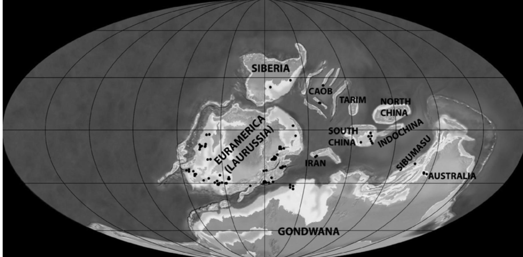 Late devonian paleogeographic map showing black dots for the
