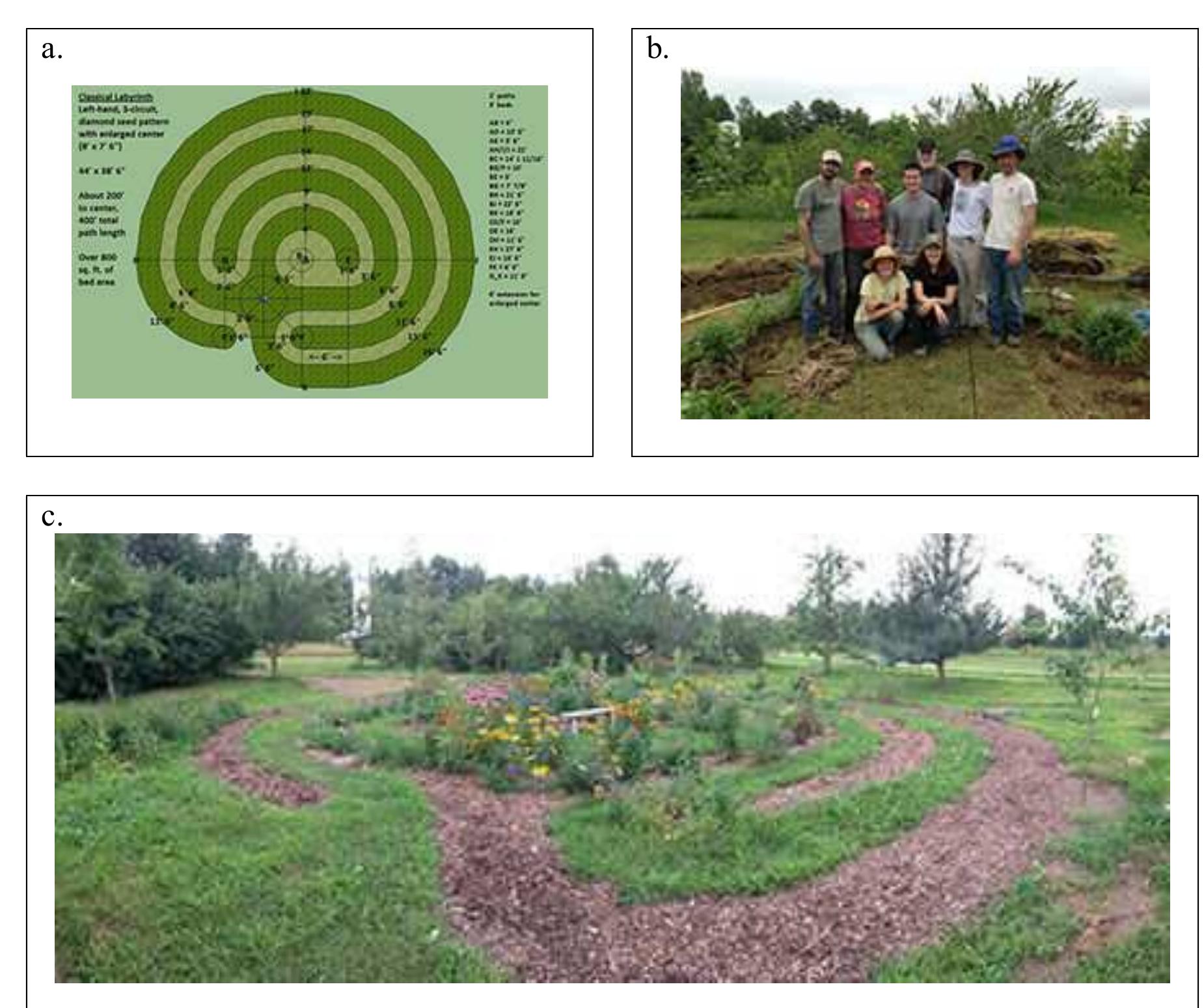 Mofga labyrinth. a) labyrinth design with dimensions,