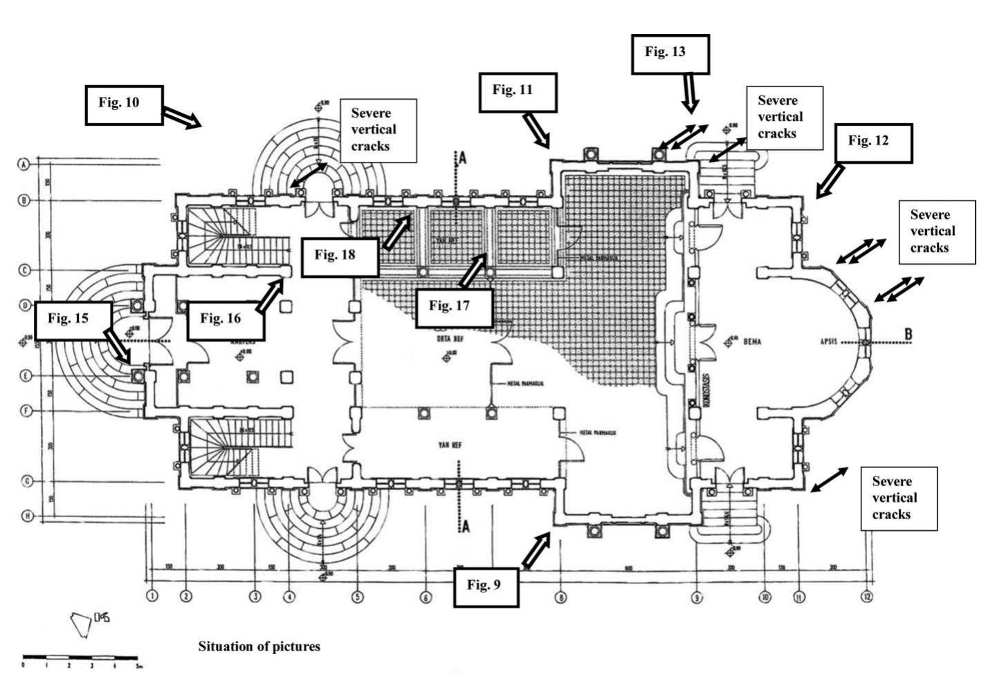 Layout of the ground floor with marked defects and positions