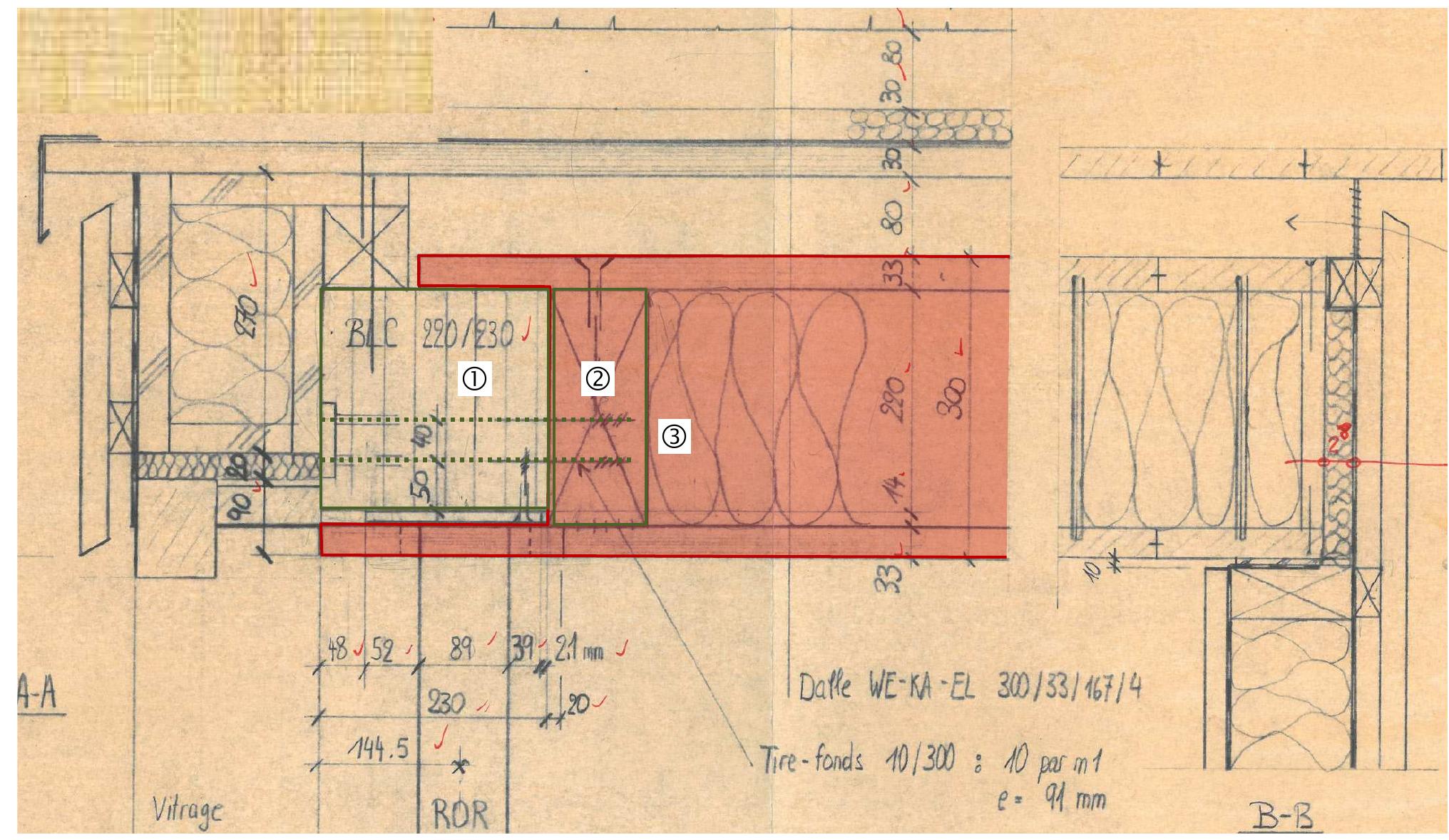 Northern facade support — detail section through roof