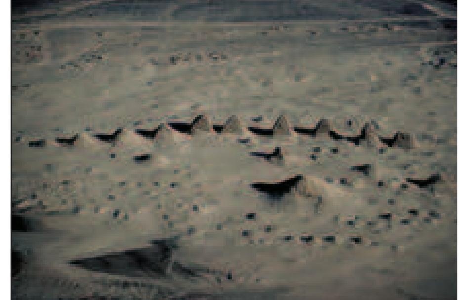 Southeast view of the nuri pyramids from the air, showing