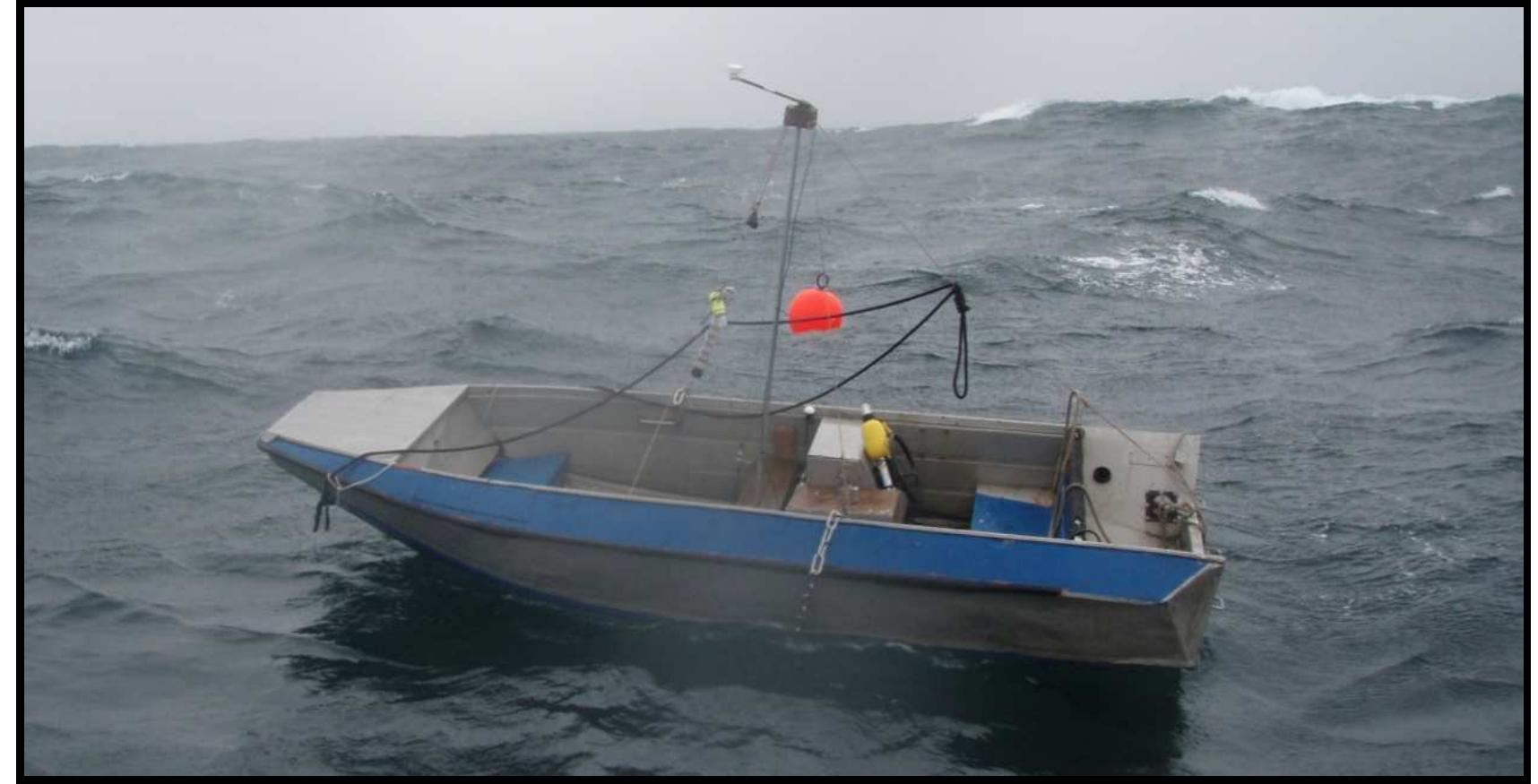 The 4.15 meter open skiff deployed. sonic anemometer at 2.0