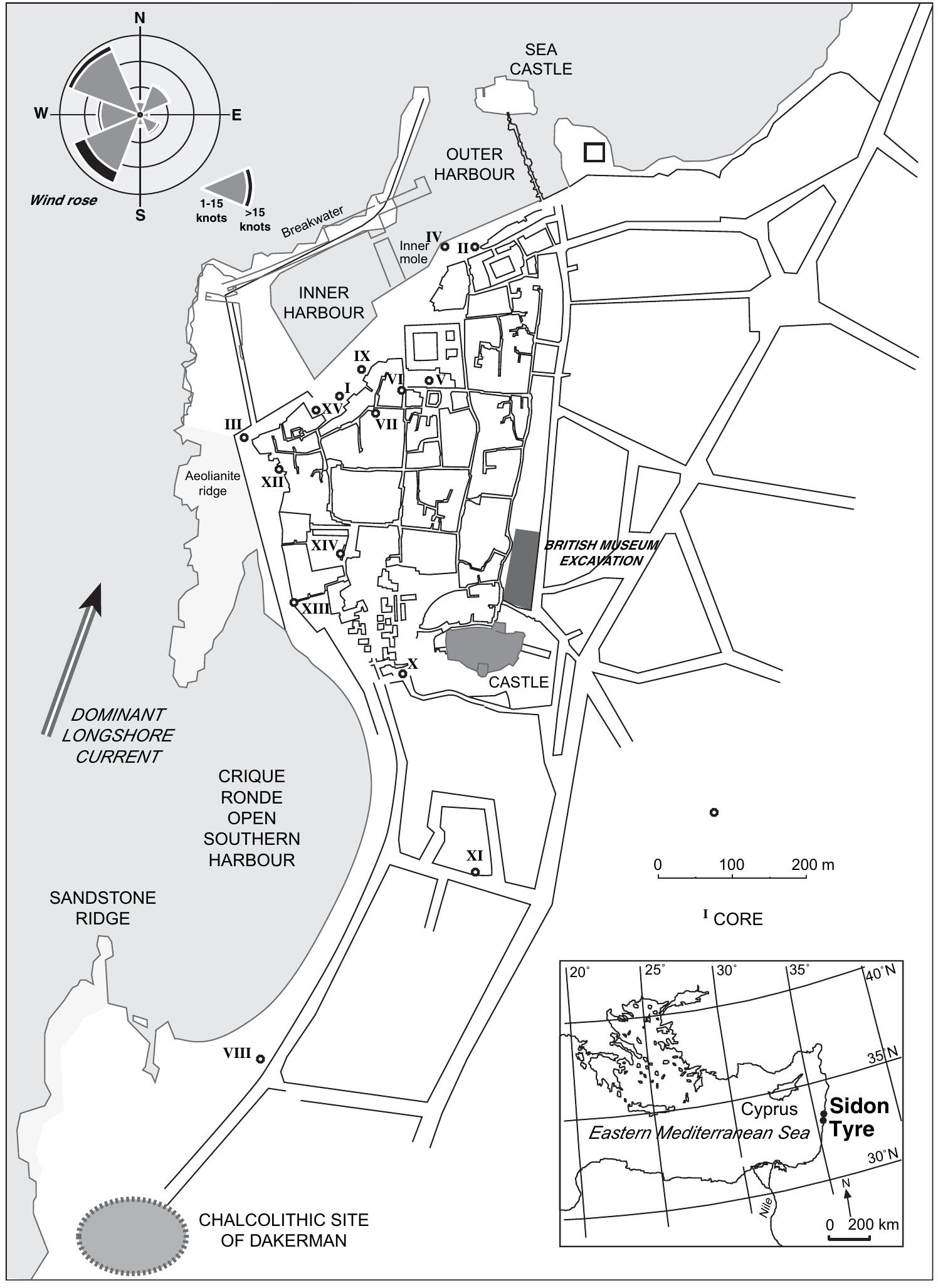Sidon’s ancient harbour areas and location of cores.