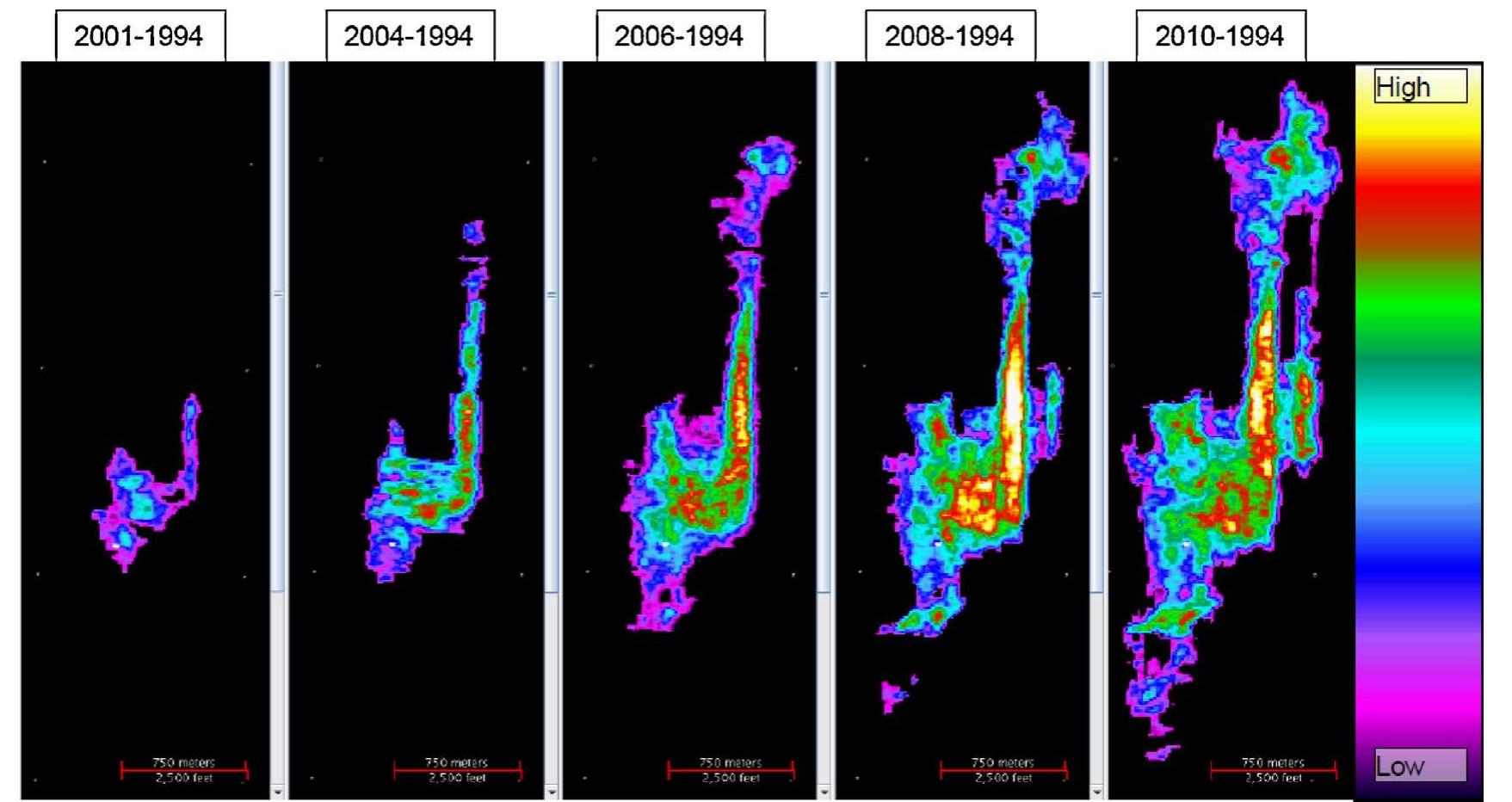 Maps of the amplitude difference between repeat seismic