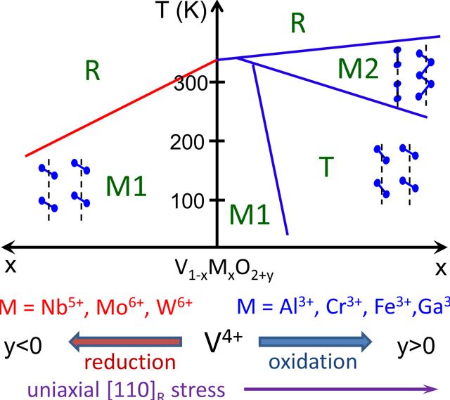 Schematics of temperature—composition phase diagram showing