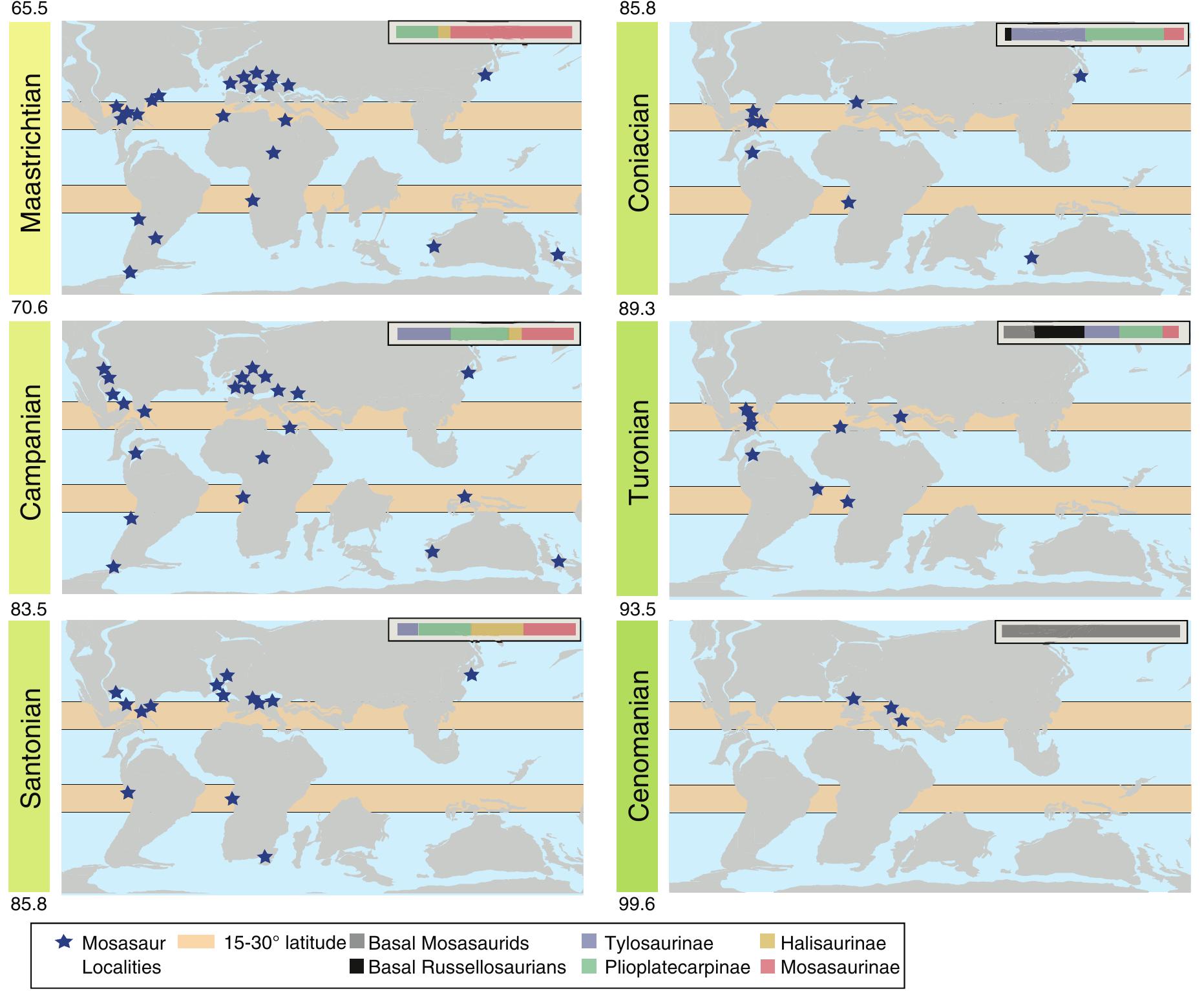 Paleogeographic maps for upper cretaceous stages showing