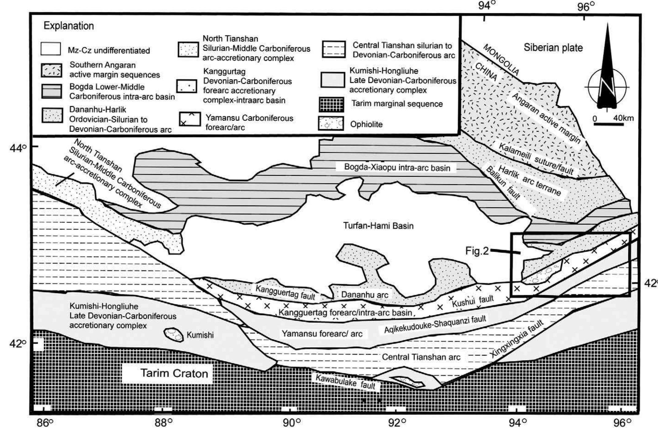 Simplified geological map of the eastern tianshan orogen,