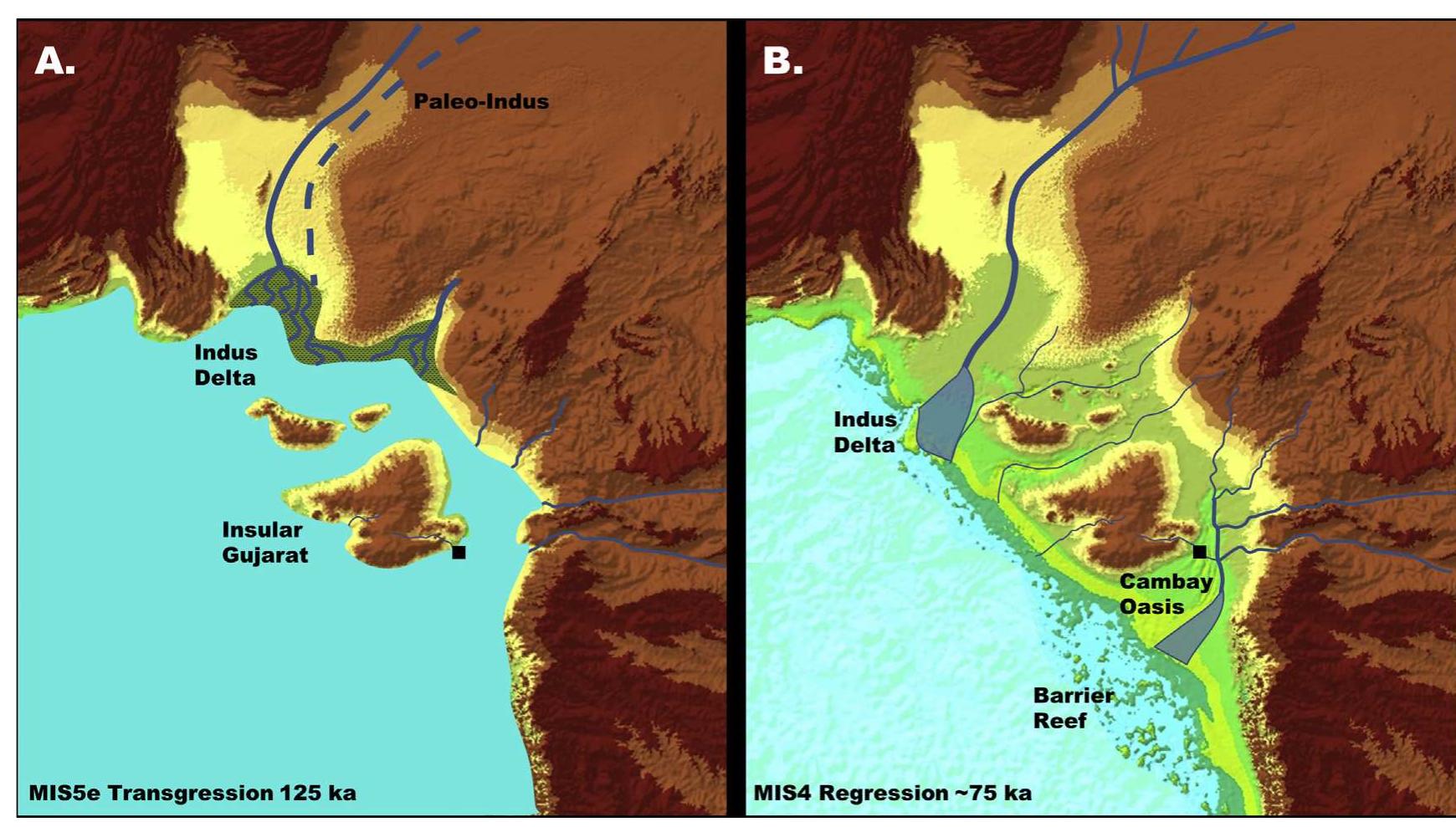 Contrasting paleoscape maps of western indian during a) the