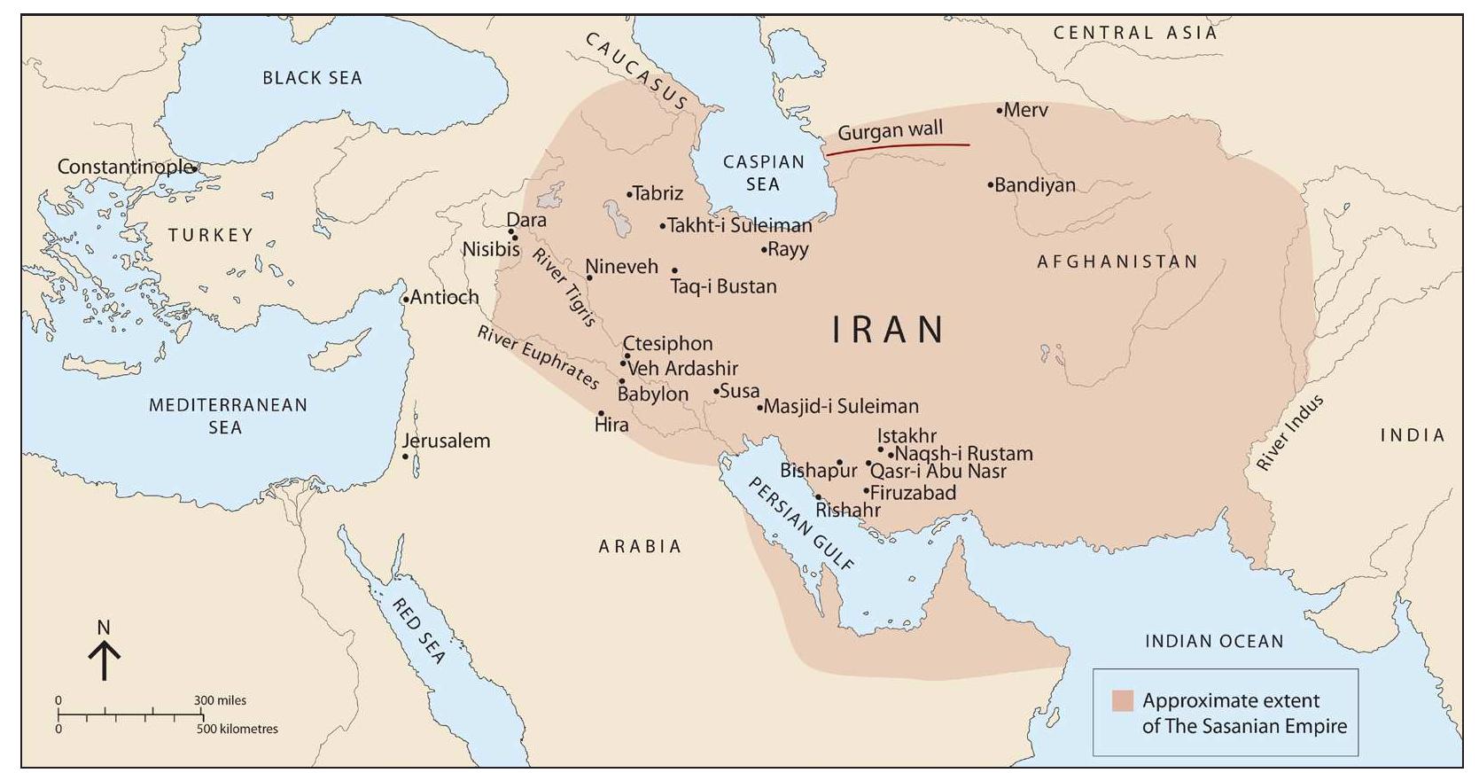 Map showing the approximate extent of the sasanian empire