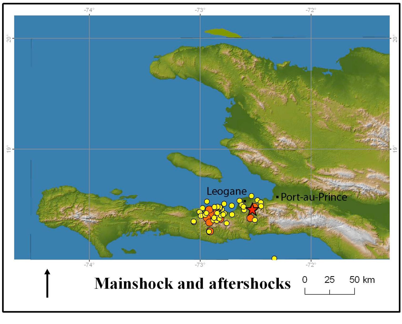 Topographic map of haiti with locations of the january 12,