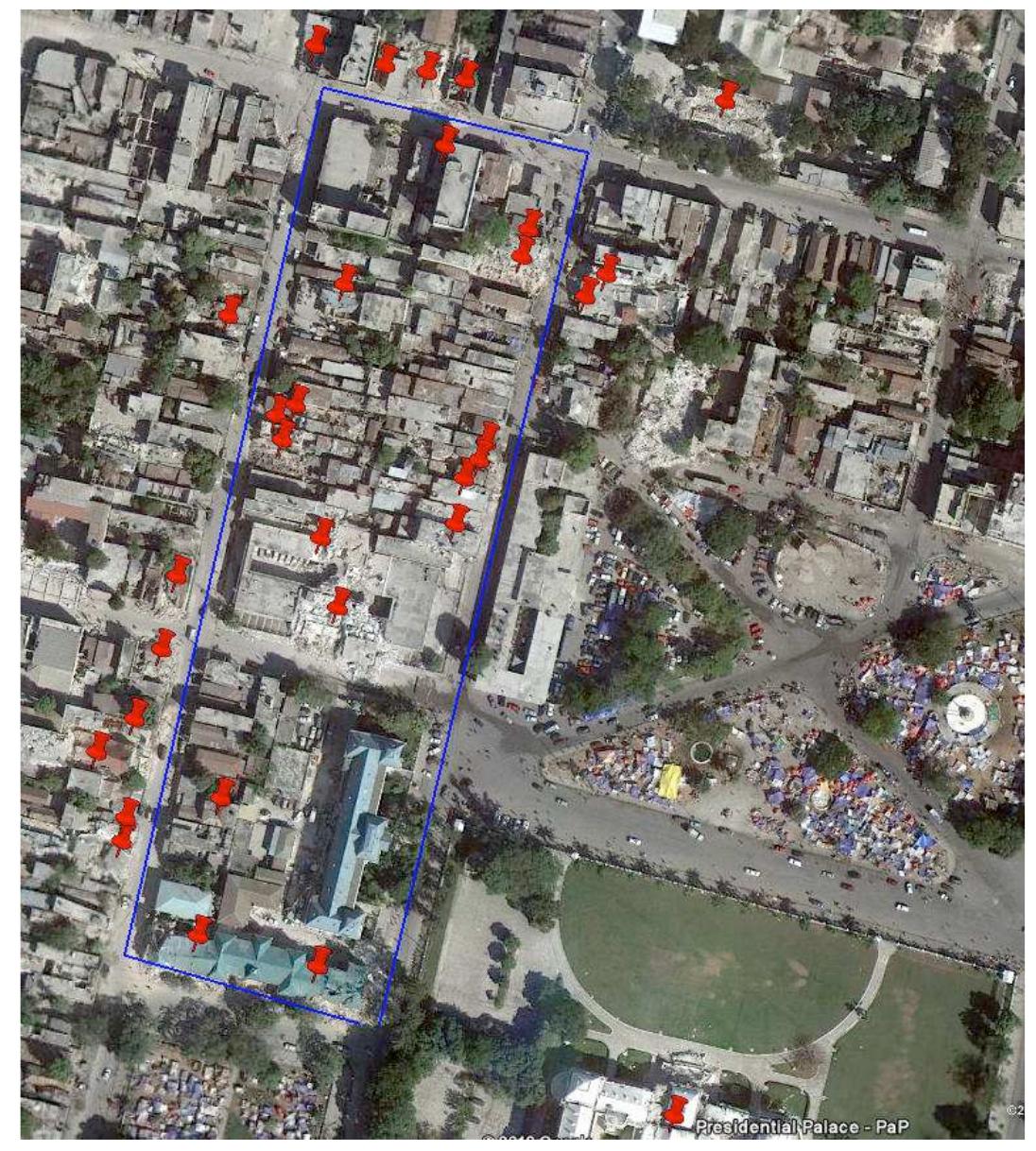 Damage map indicating collapsed structures (red) along the