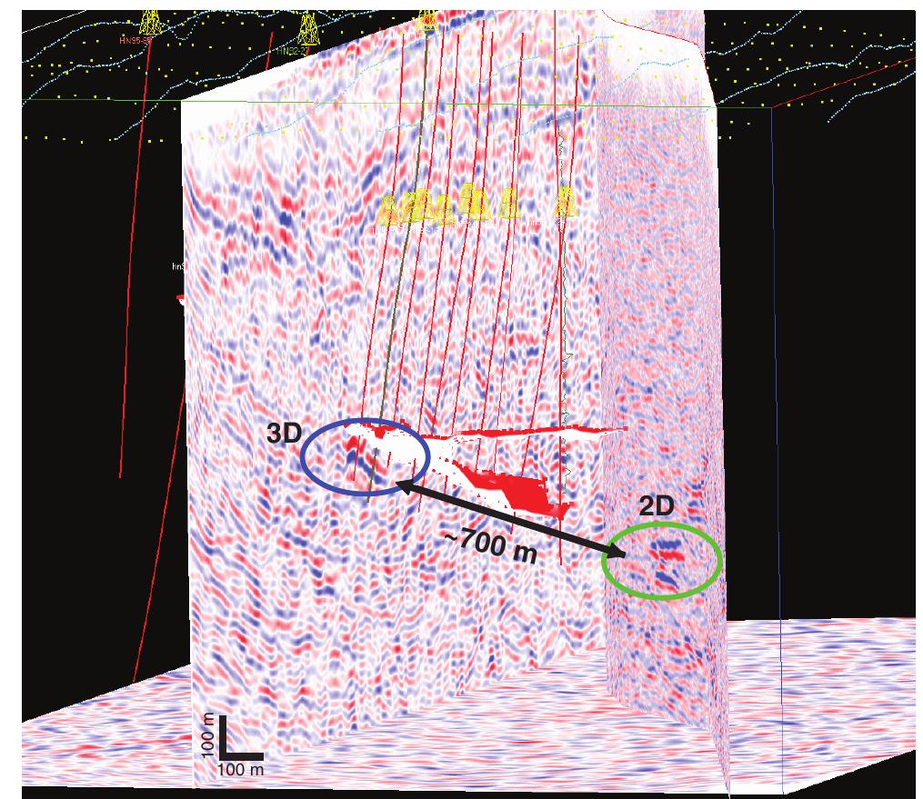 Comparison showing a seismic anomaly observed in 2d data