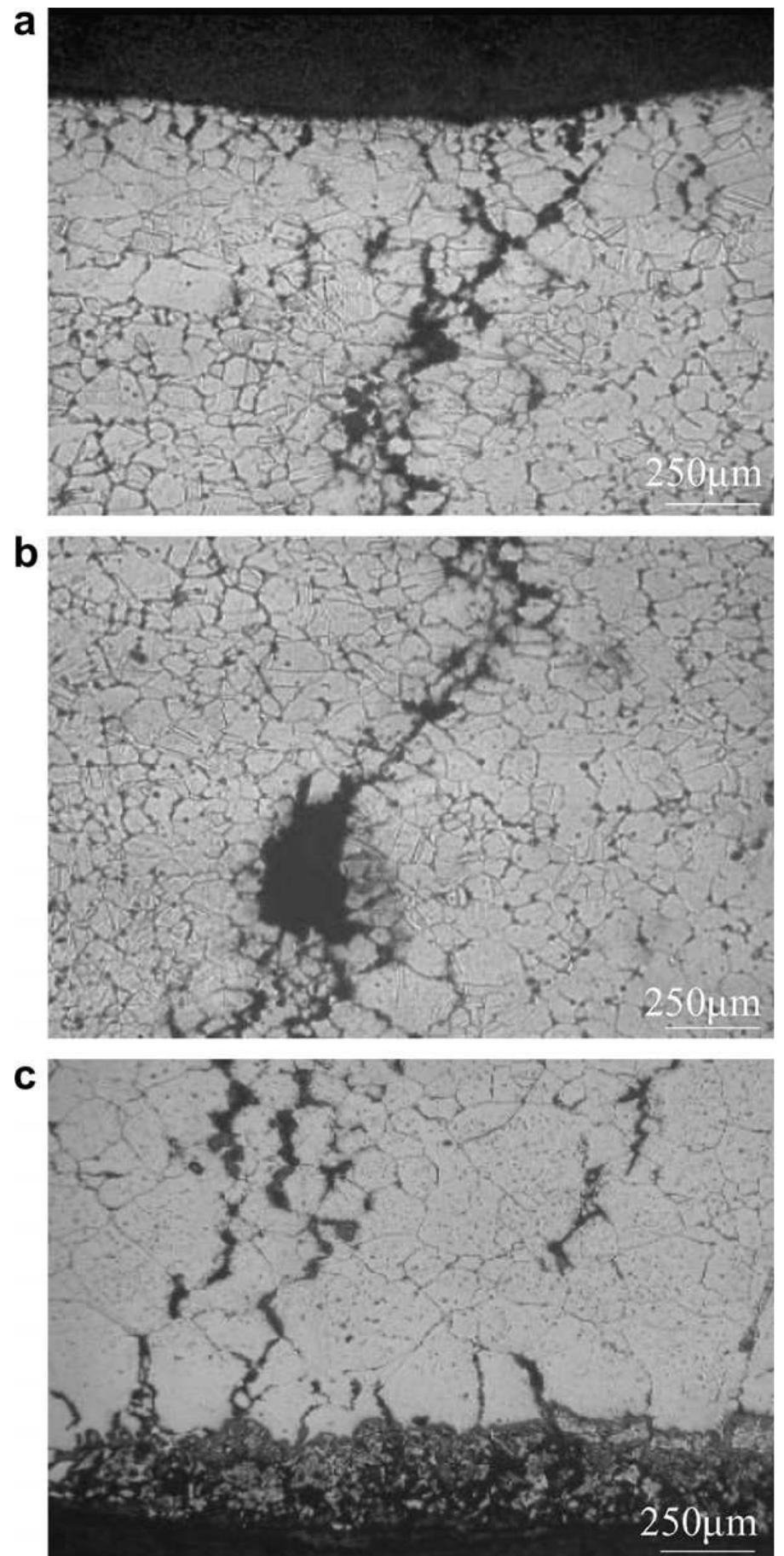 Lom images showing e37#5 sample (a) id, (b) mid-wall and (c)