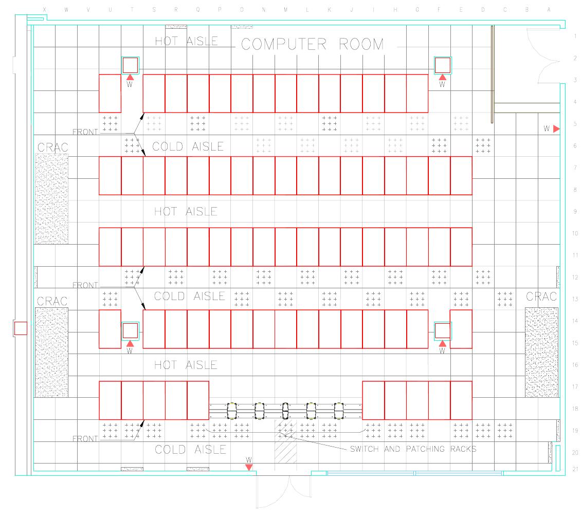 Computer room layout showing “hot” and “cold” aisles one