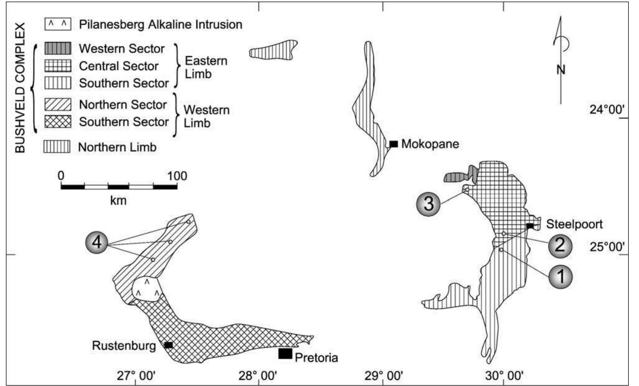 Schematic map showing the three main limbs of the rustenburg