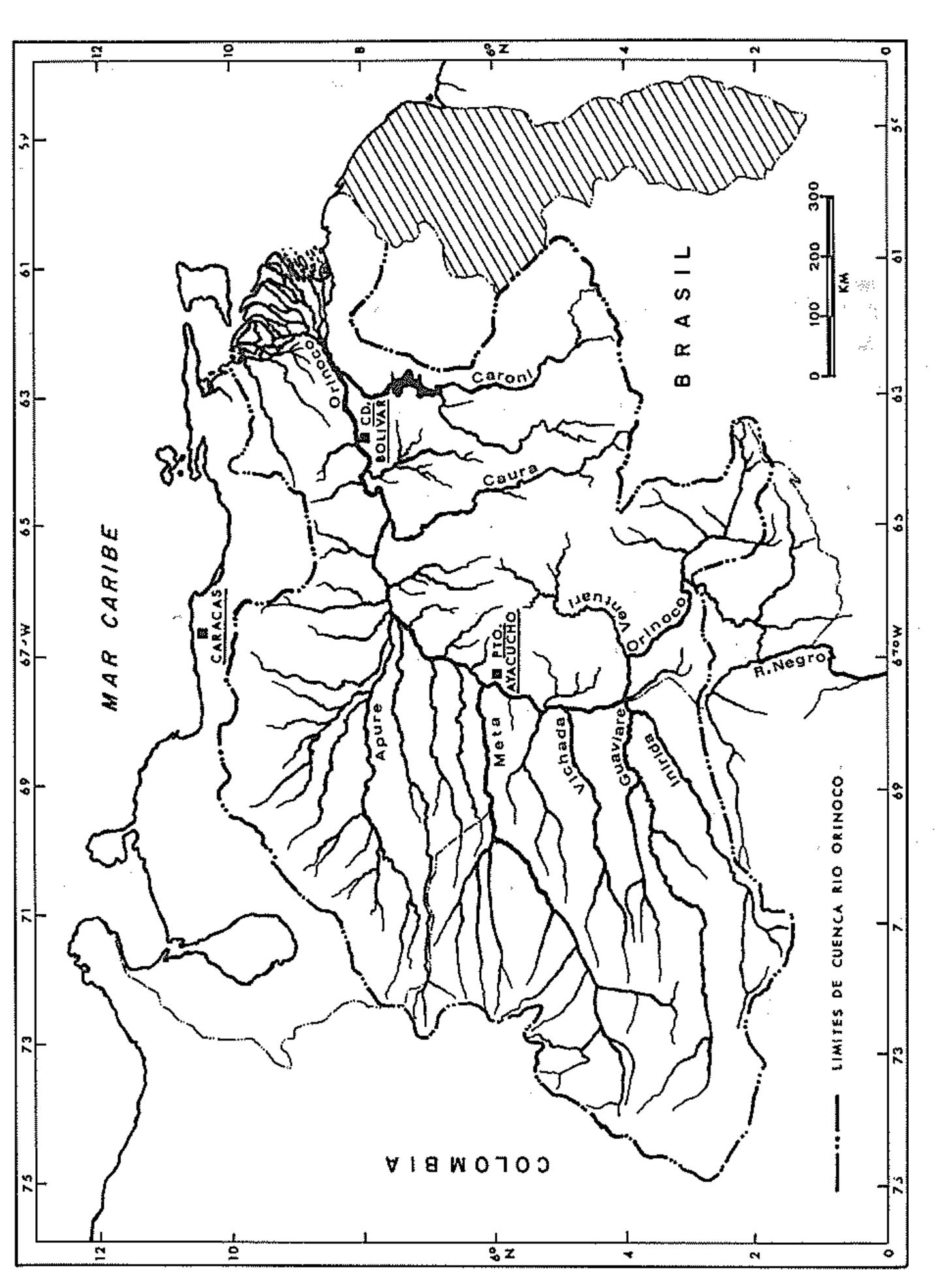 Mapa de la cuenca del rio orinoco, en venezuela y colombia.
