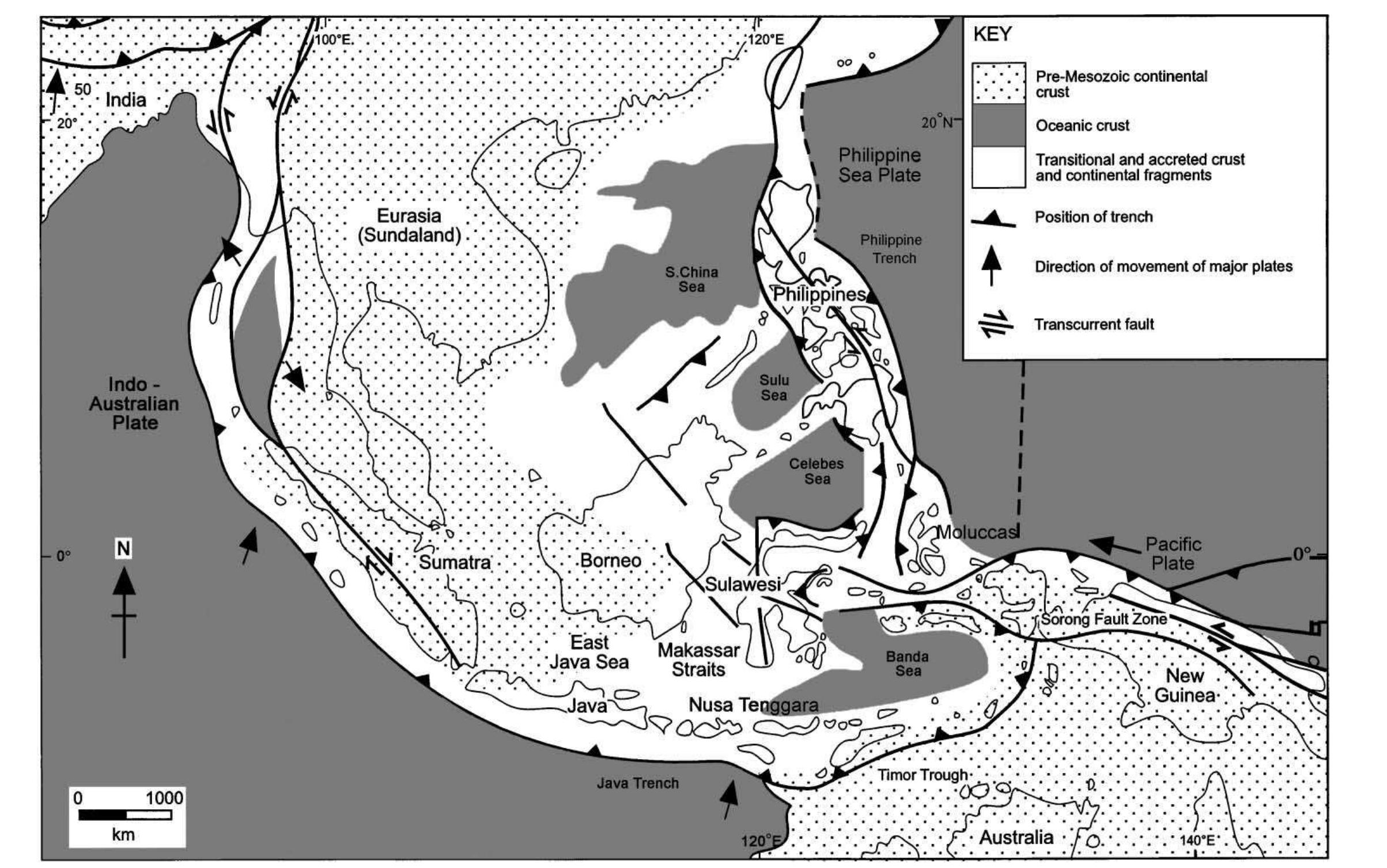 Tectonic map of southeast asia showing the main geographic