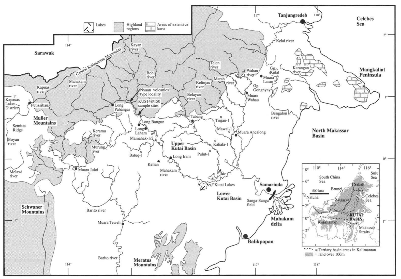 Location map for the kutai basin. inset map of borneo.