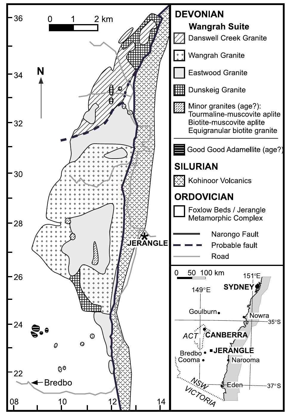 Geological map of the wangrah suite and adjacent rocks.