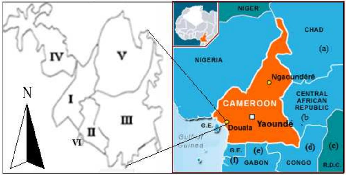 Map of africa and cameroon showing the city of douala with
