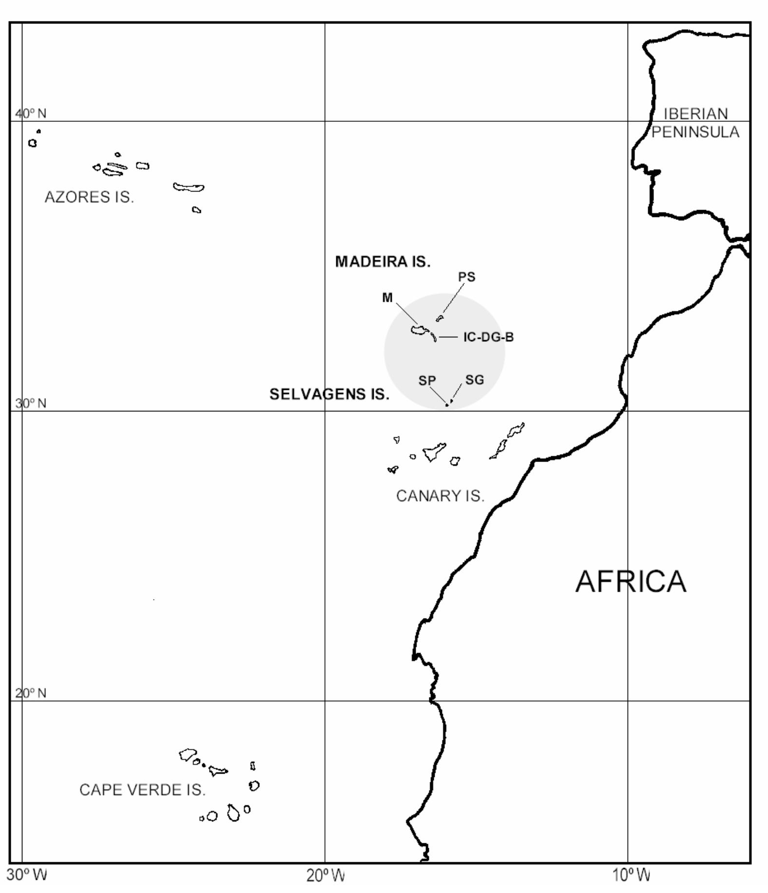 - map of macaronesia showing inside the shaded circle the