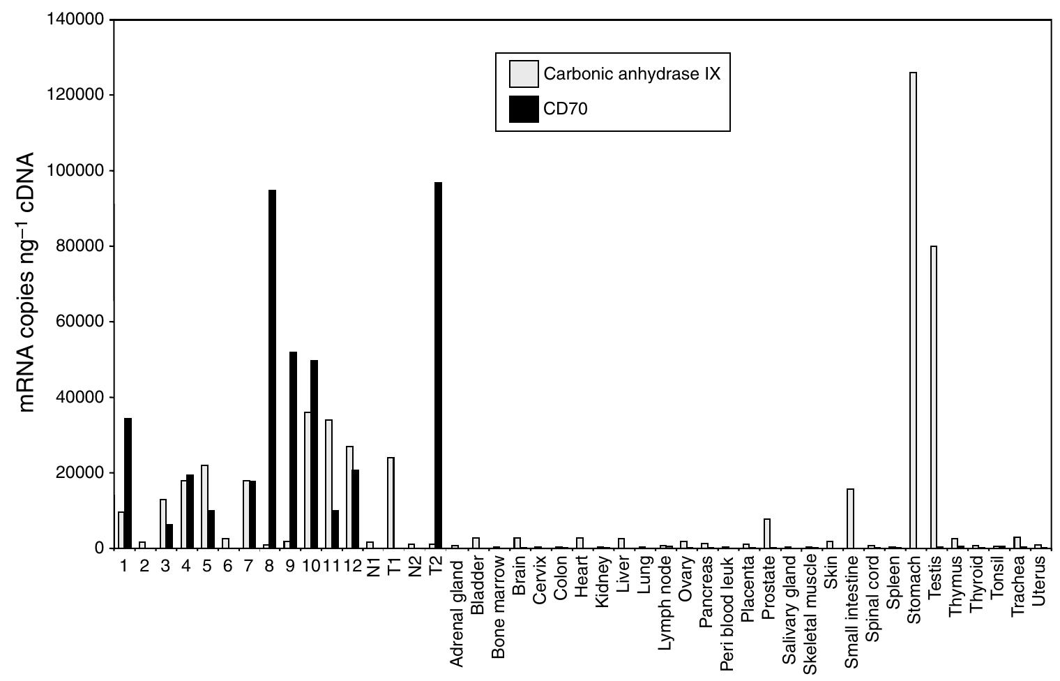 Comparison of the mrna expression levels of cd70 and ca9 in