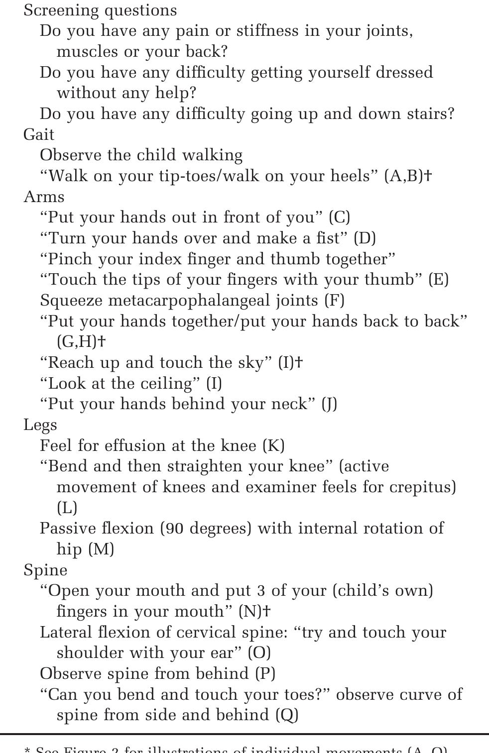 The components of pediatric gait, arms, legs, spine screen